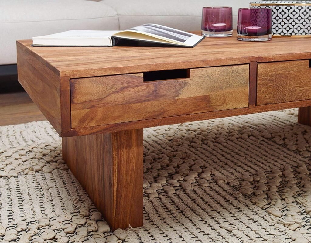 Solid Wood Rectangle Coffee Table with Drawers for Living Room in Honey ...